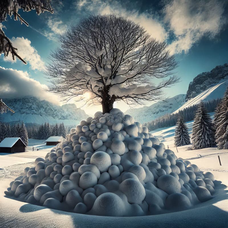 Snow Build Up Snow Accumulated at the Base of the Tree Creating Stock ...