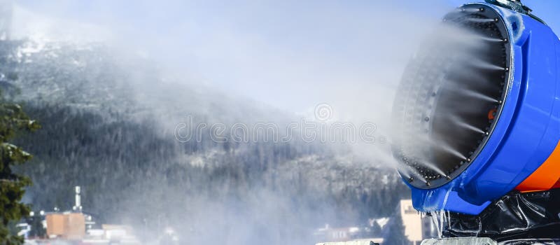 Snow Cannon in Winter Mountains. Snow-gun Spraying Artificial Ice ...