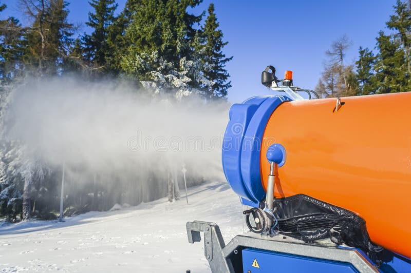 Snow Cannon in Winter Mountains. Snow-gun Spraying Artificial Ice ...