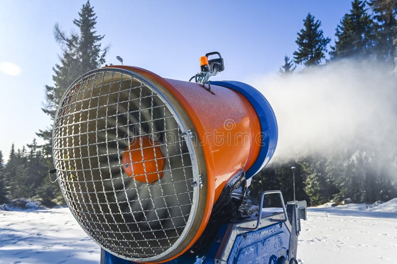 Snow Cannon in Winter Mountains. Snow-gun Spraying Artificial Ice ...