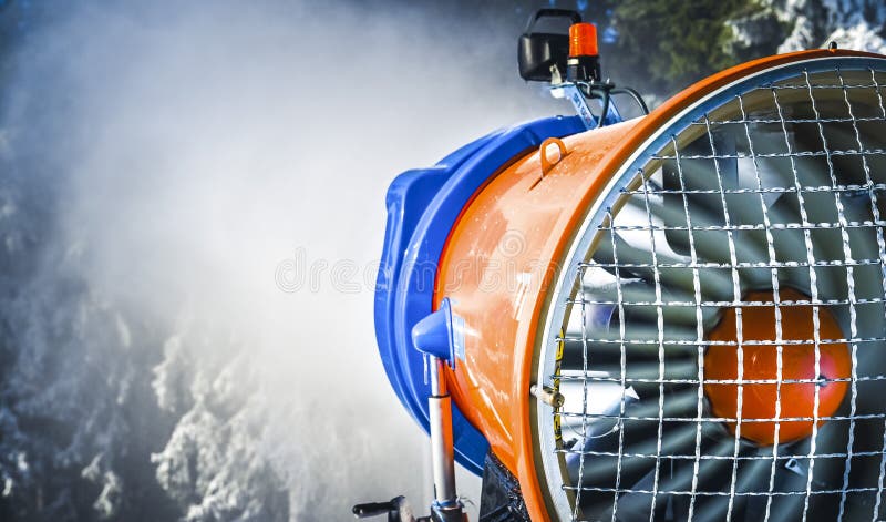 Snow Cannon in Winter Mountains. Snow-gun Spraying Artificial Ice ...
