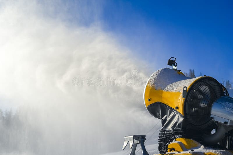 Snow Cannon in Winter Mountains. Snow-gun Spraying Artificial Ice ...
