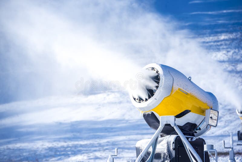 Snow Cannon in Winter Mountains. Snow-gun Spraying Artificial Ice ...