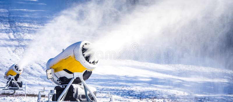 Snow Cannon in Winter Mountains. Snow-gun Spraying Artificial Ice ...