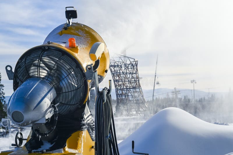 Snow Cannon in Winter Mountains. Snow-gun Spraying Artificial Ice ...
