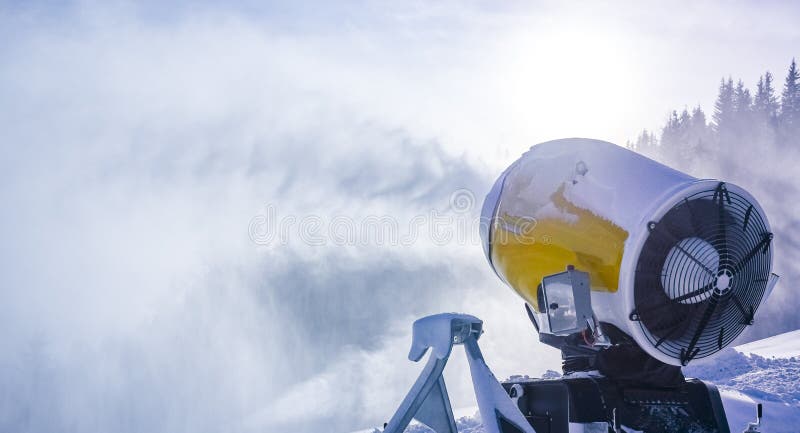 Snow Cannon in Winter Mountains. Snow-gun Spraying Artificial Ice ...