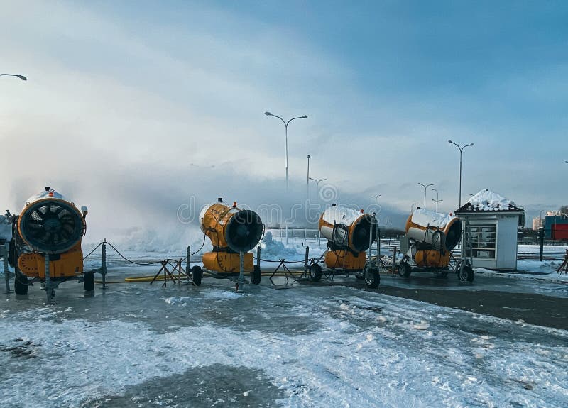 Snow Cannons Spray Artificial Snow Crystals. Artificial Snow Production ...