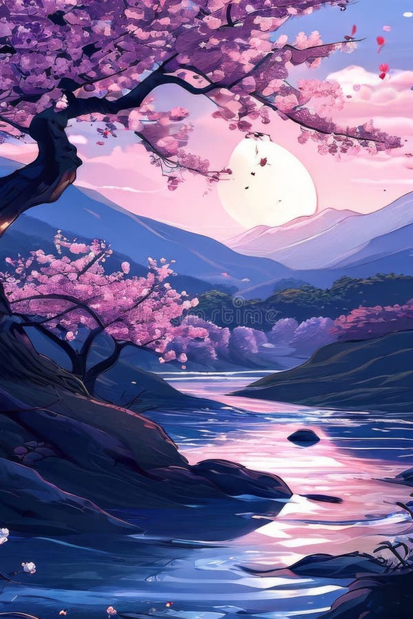 The Snow Capped Mountain is Full of Pink Trees Stock Illustration ...
