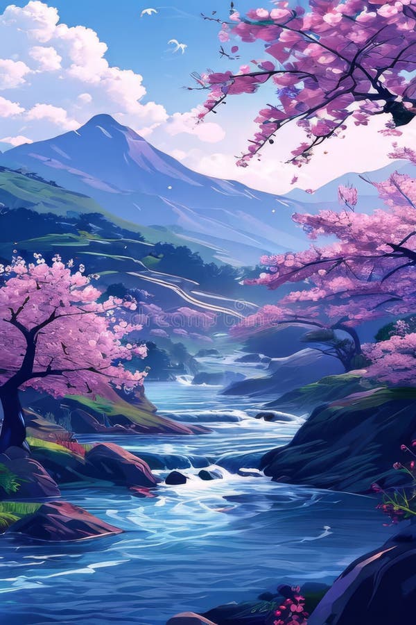 The Snow Capped Mountain is Full of Pink Trees Stock Illustration ...