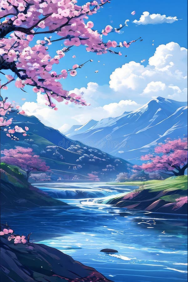 The Snow Capped Mountain is Full of Pink Trees Stock Illustration ...