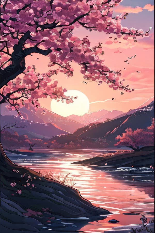 The Snow Capped Mountain is Full of Pink Trees Stock Illustration ...