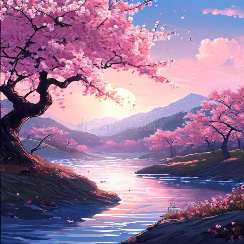 The Snow Capped Mountain is Full of Pink Trees Stock Illustration ...