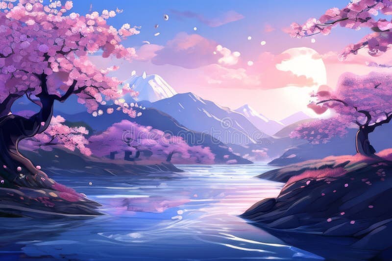 The Snow Capped Mountain is Full of Pink Trees Stock Illustration ...