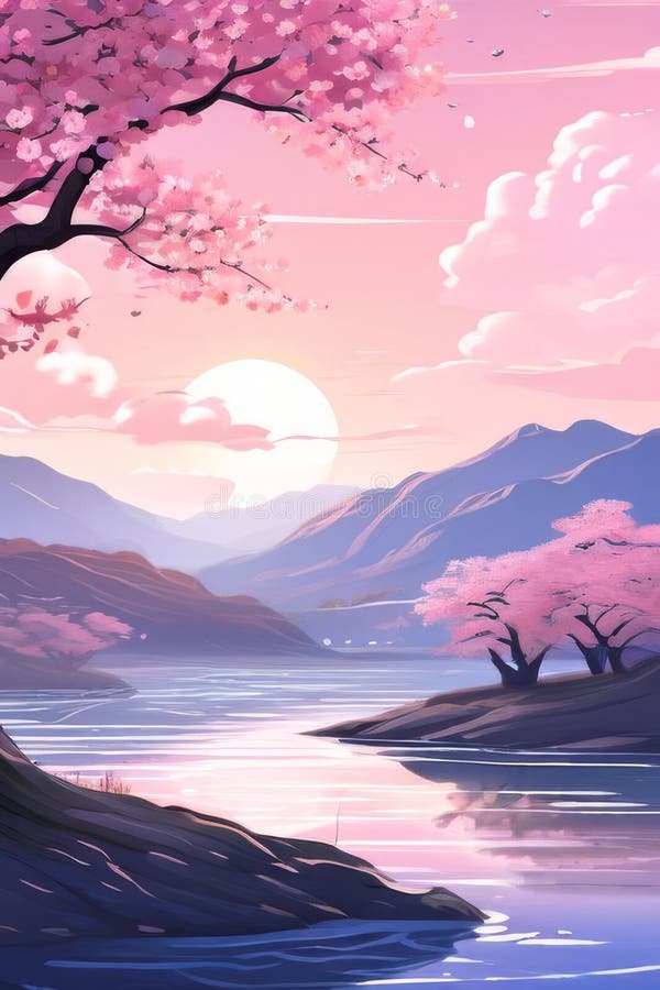 The Snow Capped Mountain is Full of Pink Trees Stock Illustration ...