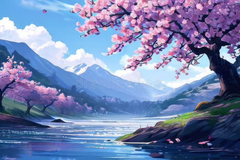 The Snow Capped Mountain is Full of Pink Trees Stock Illustration ...