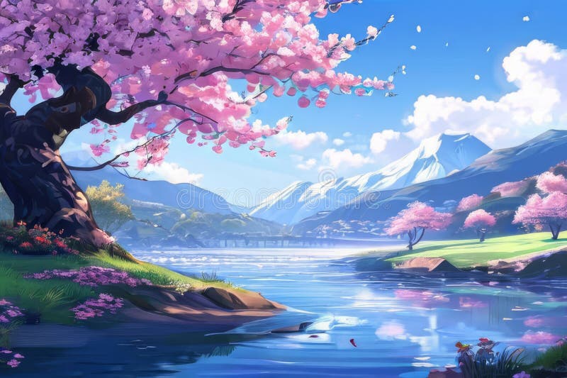 The Snow Capped Mountain is Full of Pink Trees Stock Illustration ...