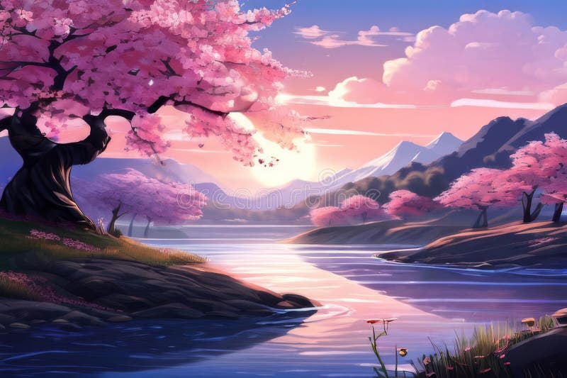 The Snow Capped Mountain is Full of Pink Trees Stock Illustration ...