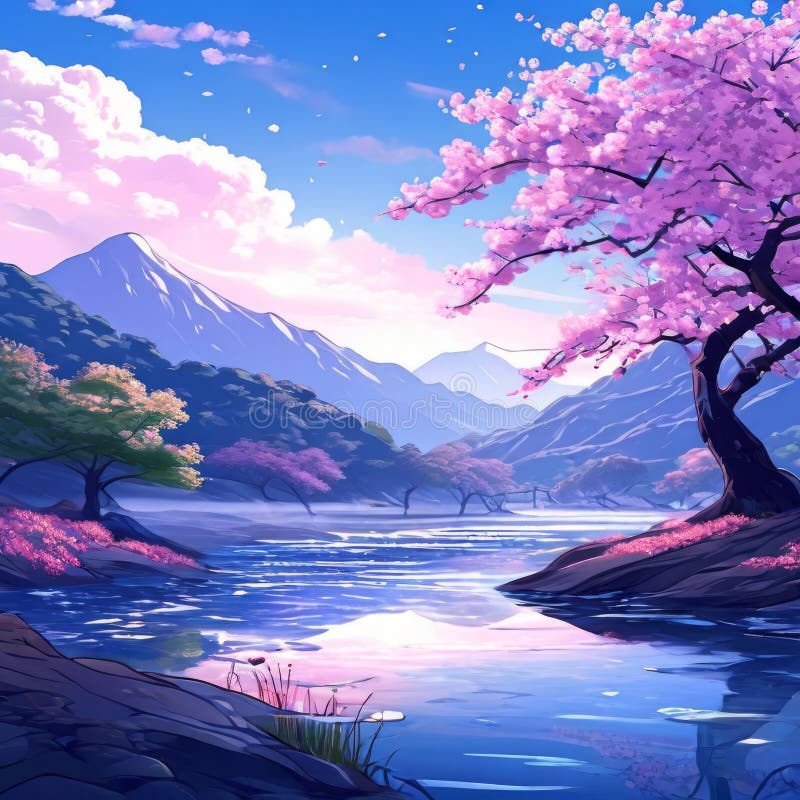 The Snow Capped Mountain is Full of Pink Trees Stock Illustration ...