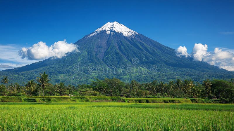 Snow Capped Mountain with Lush Green Rice Paddies Stock Illustration ...