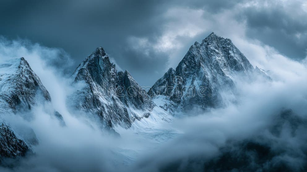 Snow-Capped Mountain Peaks Hidden in Mist and Clouds Stock Illustration ...