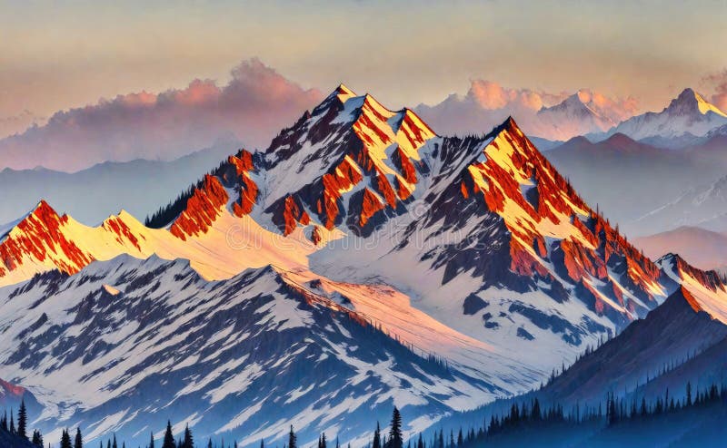 Snow-capped Mountain Peaks Illuminated by the Sun Stock Illustration ...