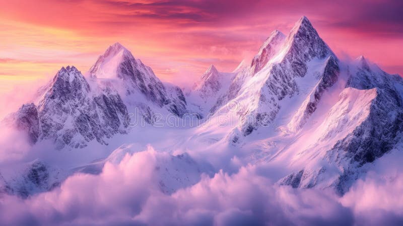 Snow-capped Mountain Peaks Shrouded in Pink Clouds during a Vibrant ...
