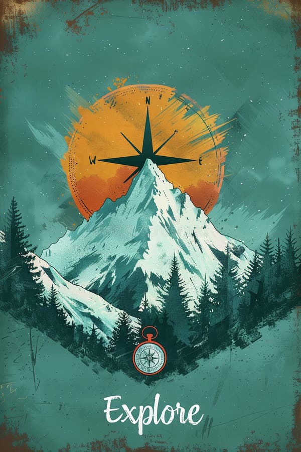 Sunset Mountain Compass Art AI Generated Stock Illustration ...