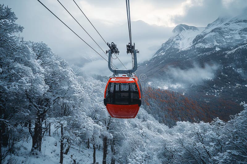 Snow-capped Mountains in the Background of a Red Retro Cable Car Cabin ...