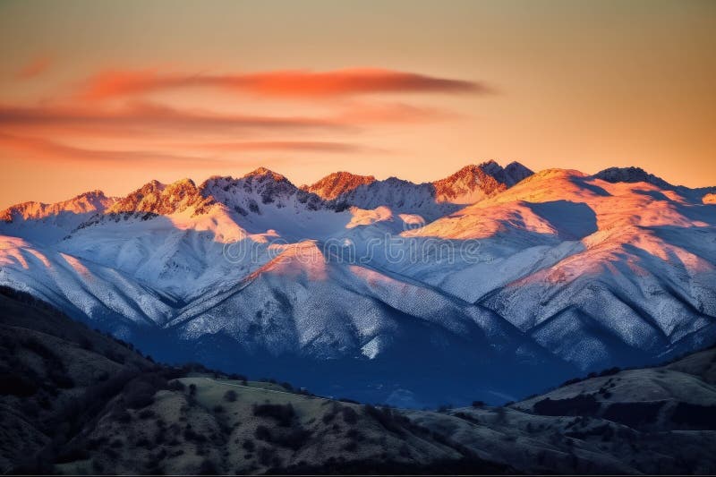 Snow-capped Mountains with a Sunset Backdrop Stock Illustration ...