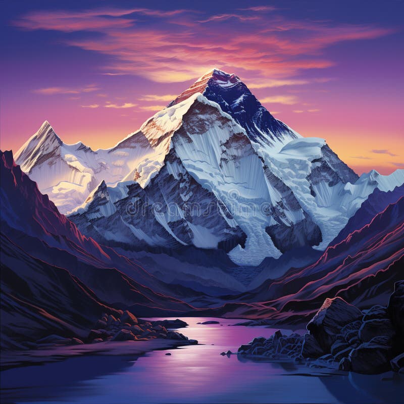 Snow Capped Mountains at Sunset, Purple Sky Stock Illustration ...