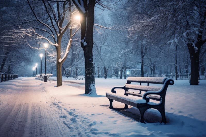 Snow-capped Park Bench in a Serene Setting Stock Photo - Image of ...