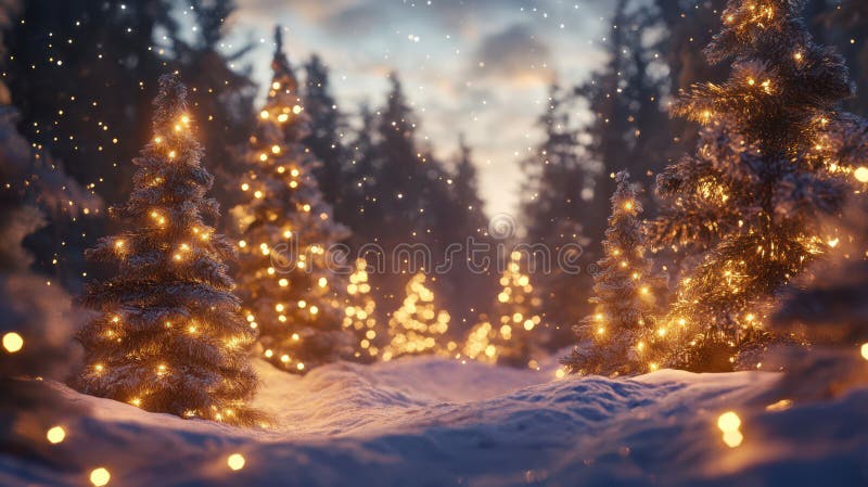 Snow-capped Pine Trees with Twinkling Christmas Lights in a Winter ...
