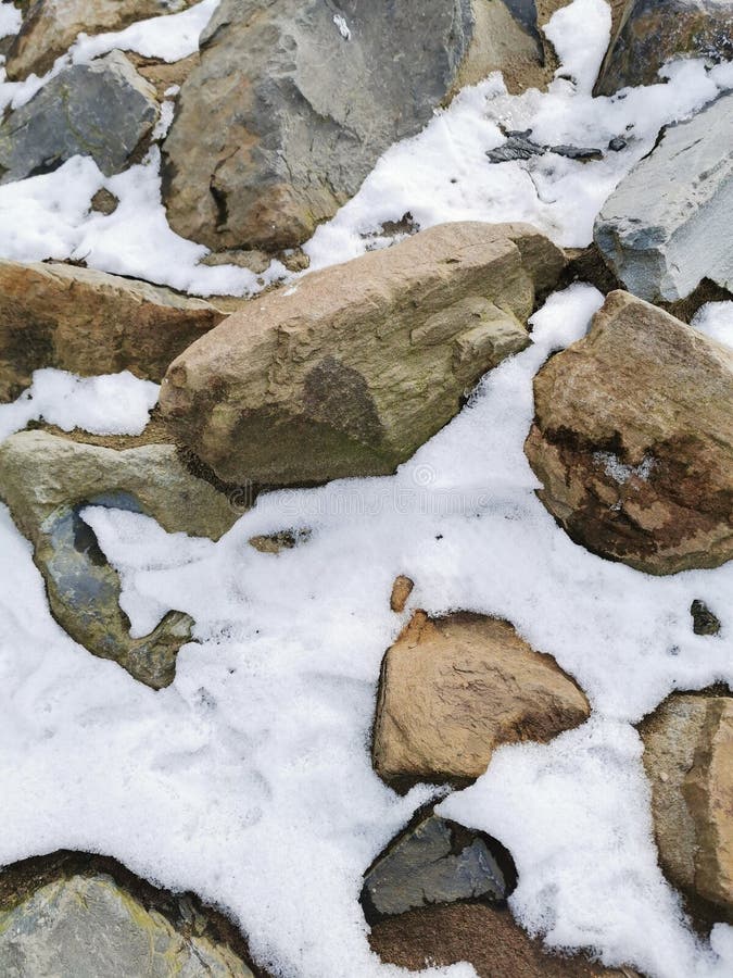 Snow-capped Rocks on the Riverbank Stock Image - Image of capped, rocks ...