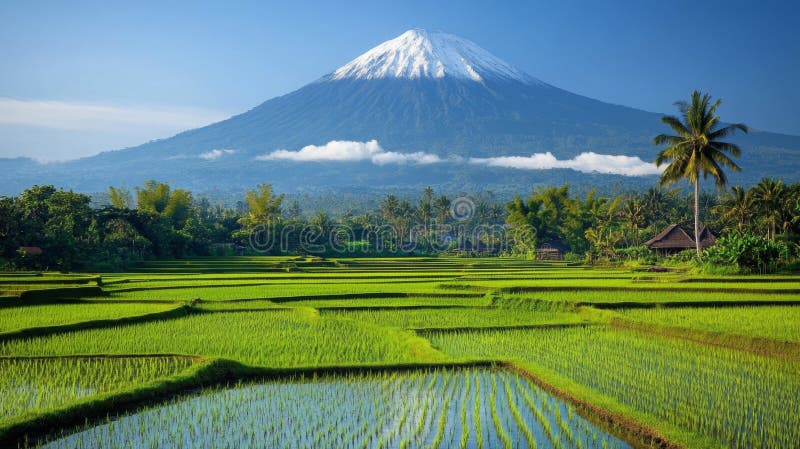 Snow-Capped Volcano and Lush Rice Terraces Stock Illustration ...