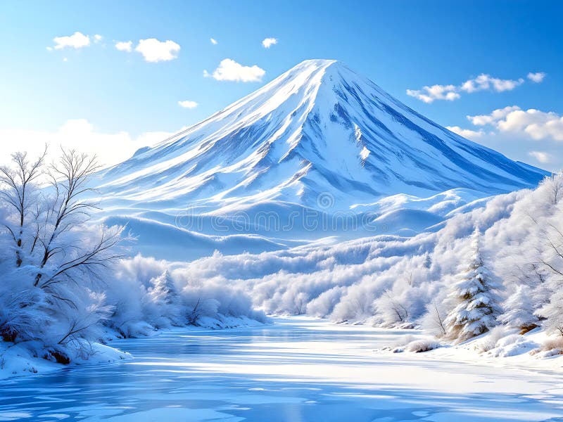 Snow Captured Mount Fuji Winter Nature Landscape Stock Photo - Image of ...