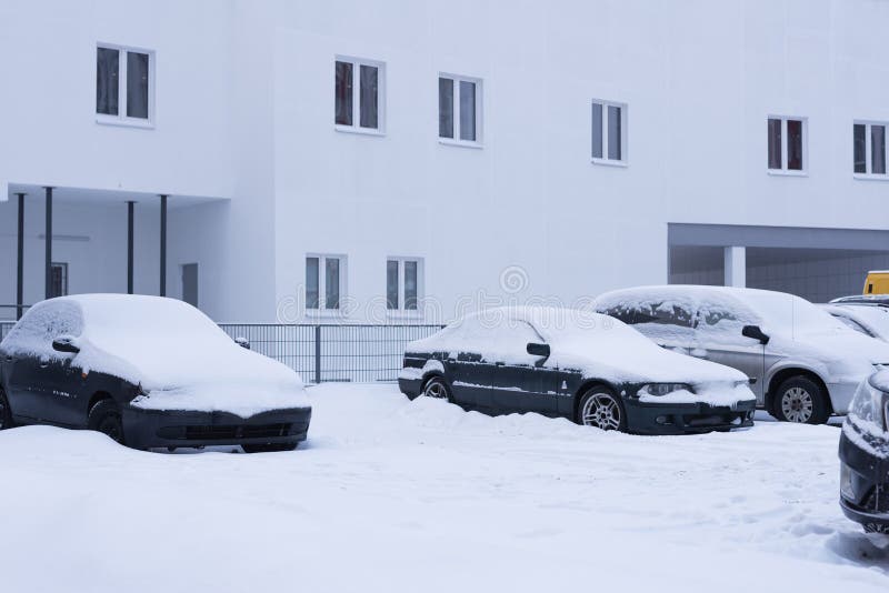 Snow on Cars after Snowfall. Winter Urban Scene Stock Photo - Image of ...