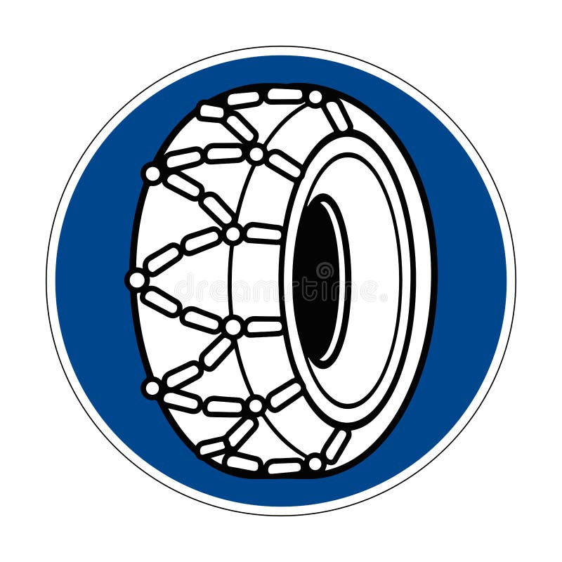 Snow Chains on Tire. Slippery Road. Traffic Signs and Tire with Mounted ...