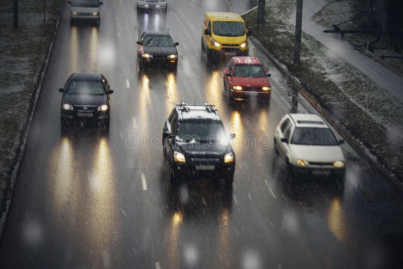 Snow in the City Night Traffic Road Transport Stock Photo - Image of ...