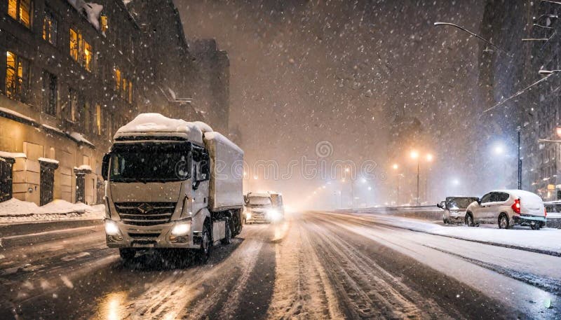 Snow in the City Night Traffic Road Stock Illustration - Illustration ...