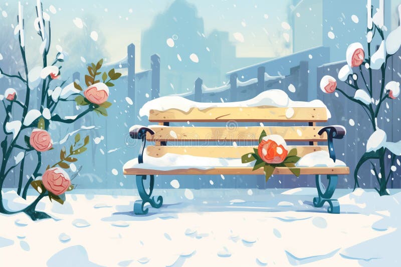 Snow-clad Bench beside a Bare, Frozen Rose Bush Stock Photo - Image of ...