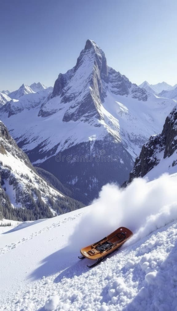 Snow Clad Mountainside with Sled Left in the Powder, Sled, Powder Stock ...