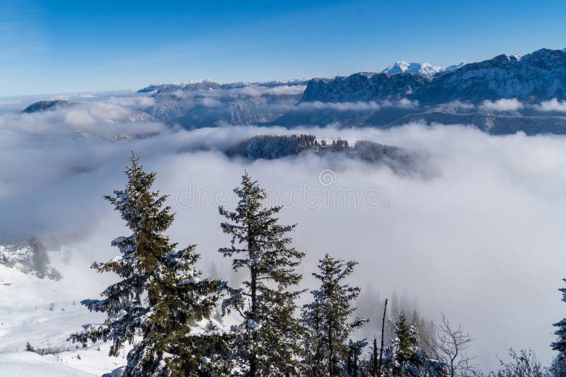 Hiking in the Mountains and Forest. Alps. Austria in Winter Stock Photo ...