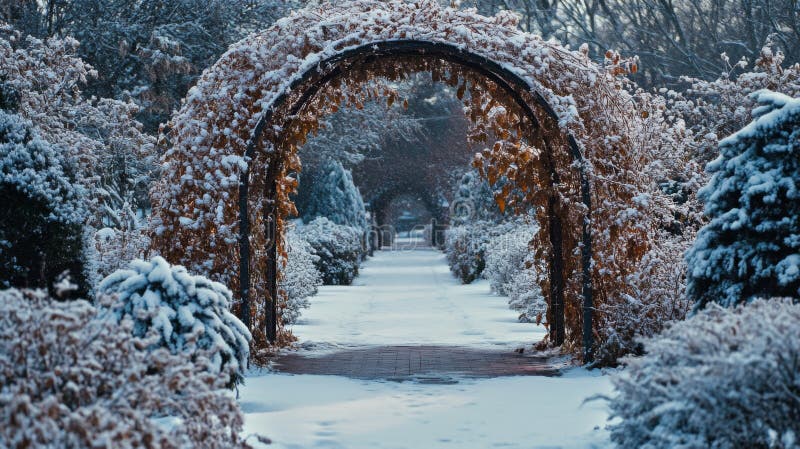 Snow-Covered Archway Leading through a Snowy Garden Path Stock ...