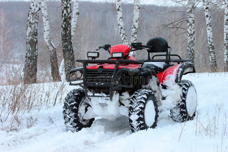 Snow Covered ATV in Winter Forest Stock Photo - Image of recreational ...