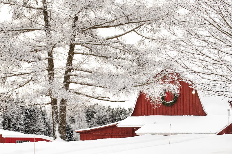 Merry Christmas Red Barn in Snow Stock Photo - Image of merry, window ...