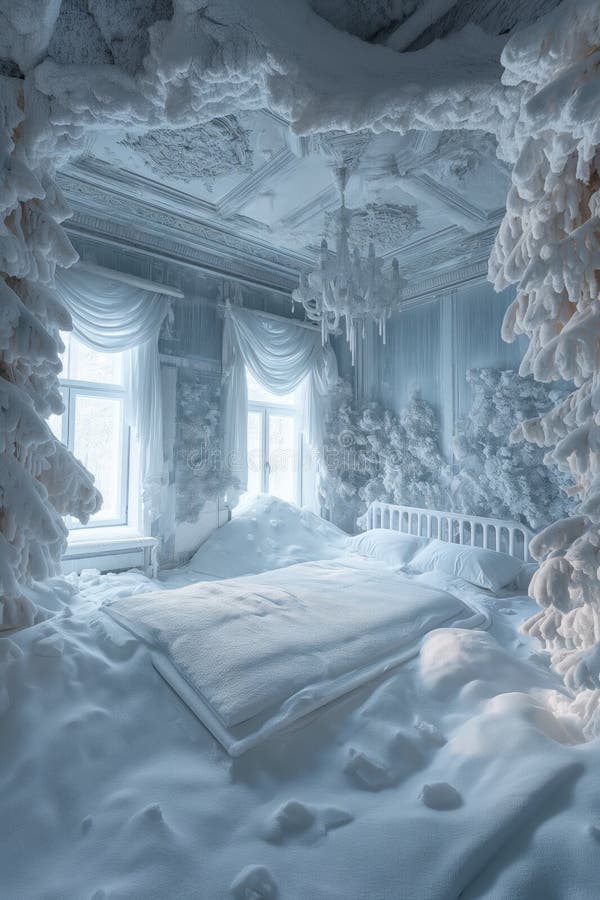 Snow-covered Bedroom Scene Features Large Bed Covered in White Sheets ...