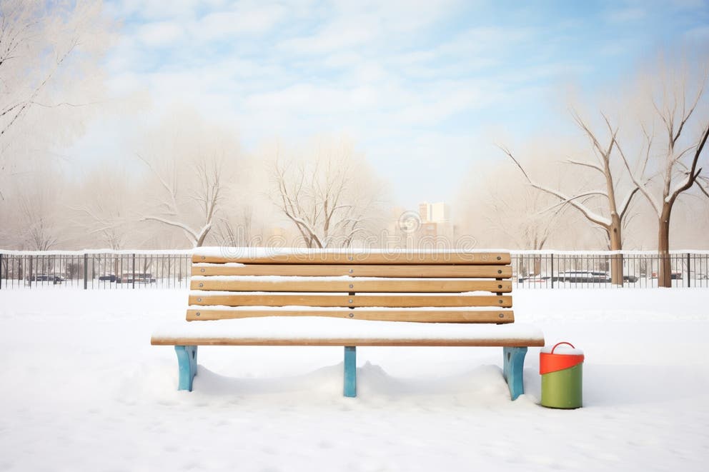 Snow-covered Bench, a Lone Path of Boot Prints Stock Illustration - Illustration of frosty ...