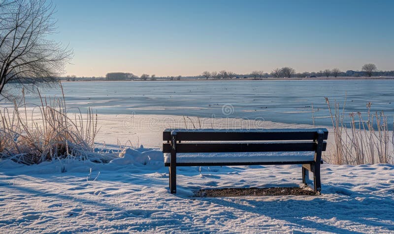 A Snow-covered Bench Overlooking the Frozen Expanse of a Lake Stock ...