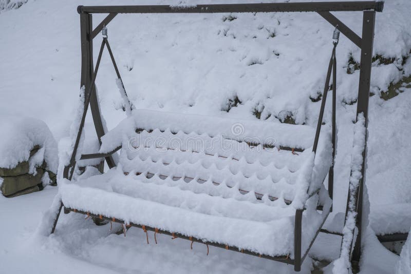 Snow Covered Bench in Park/on the Backyard Close-up. Snowstorm Stock ...