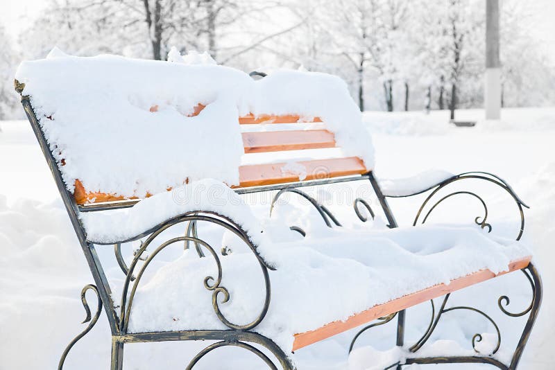 Snow Covered Bench in the Park in Winter Stock Image - Image of park ...